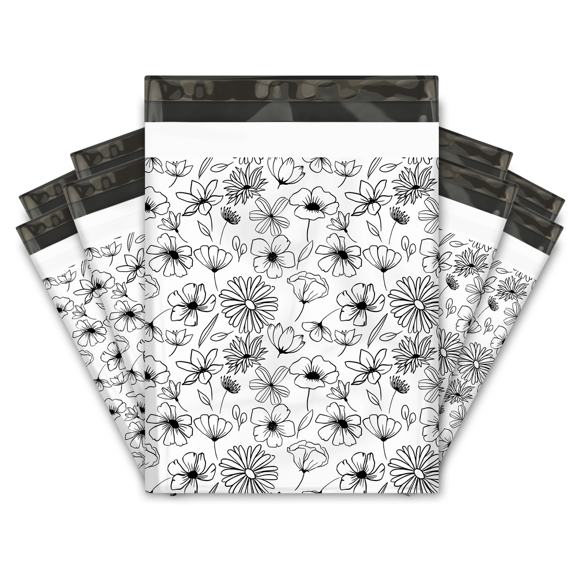 19x24" Black and White Sketched Floral Designer Poly Mailers | Buy Now