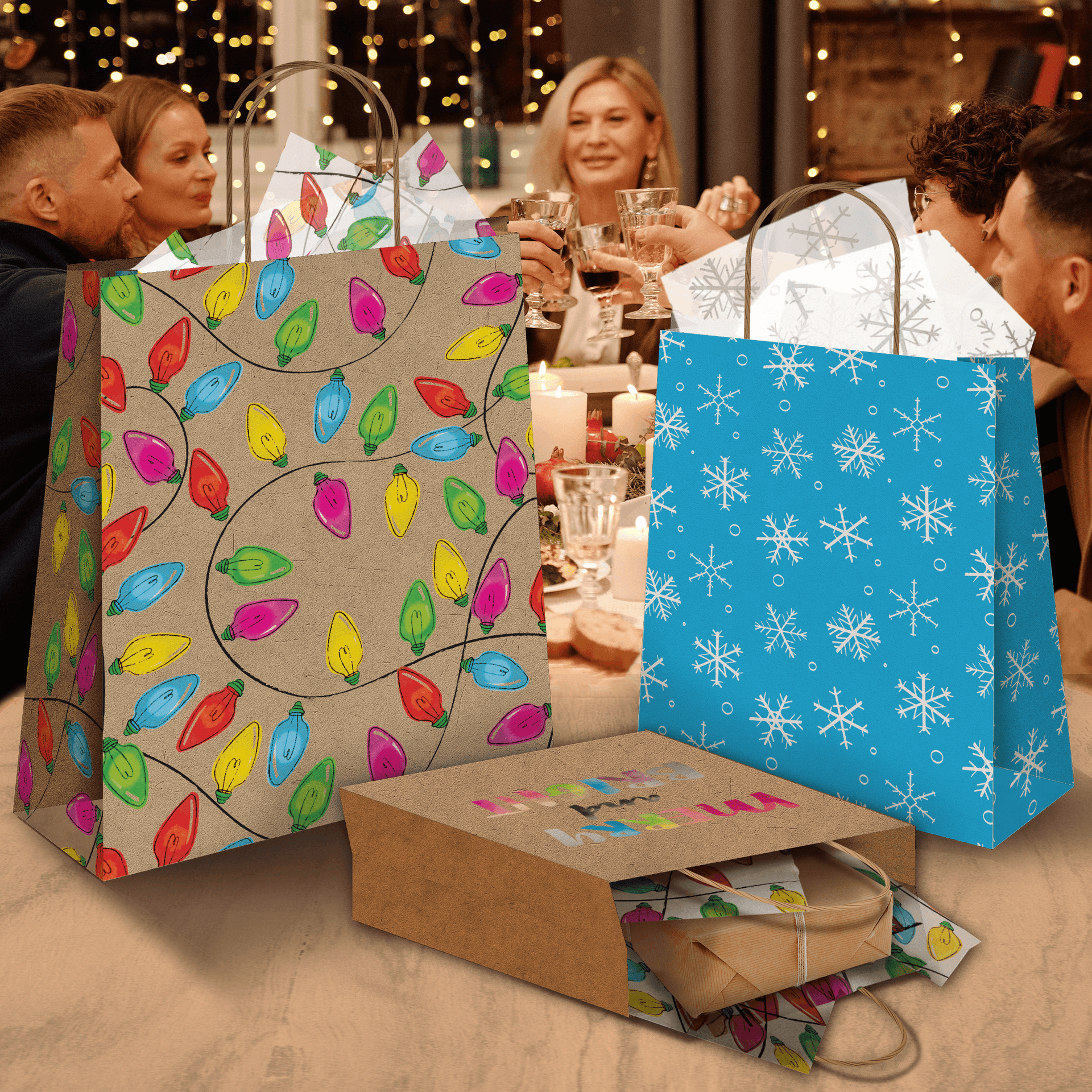 Christmas Lights Kraft Gift Bags- Mixed Size Set | Buy Now