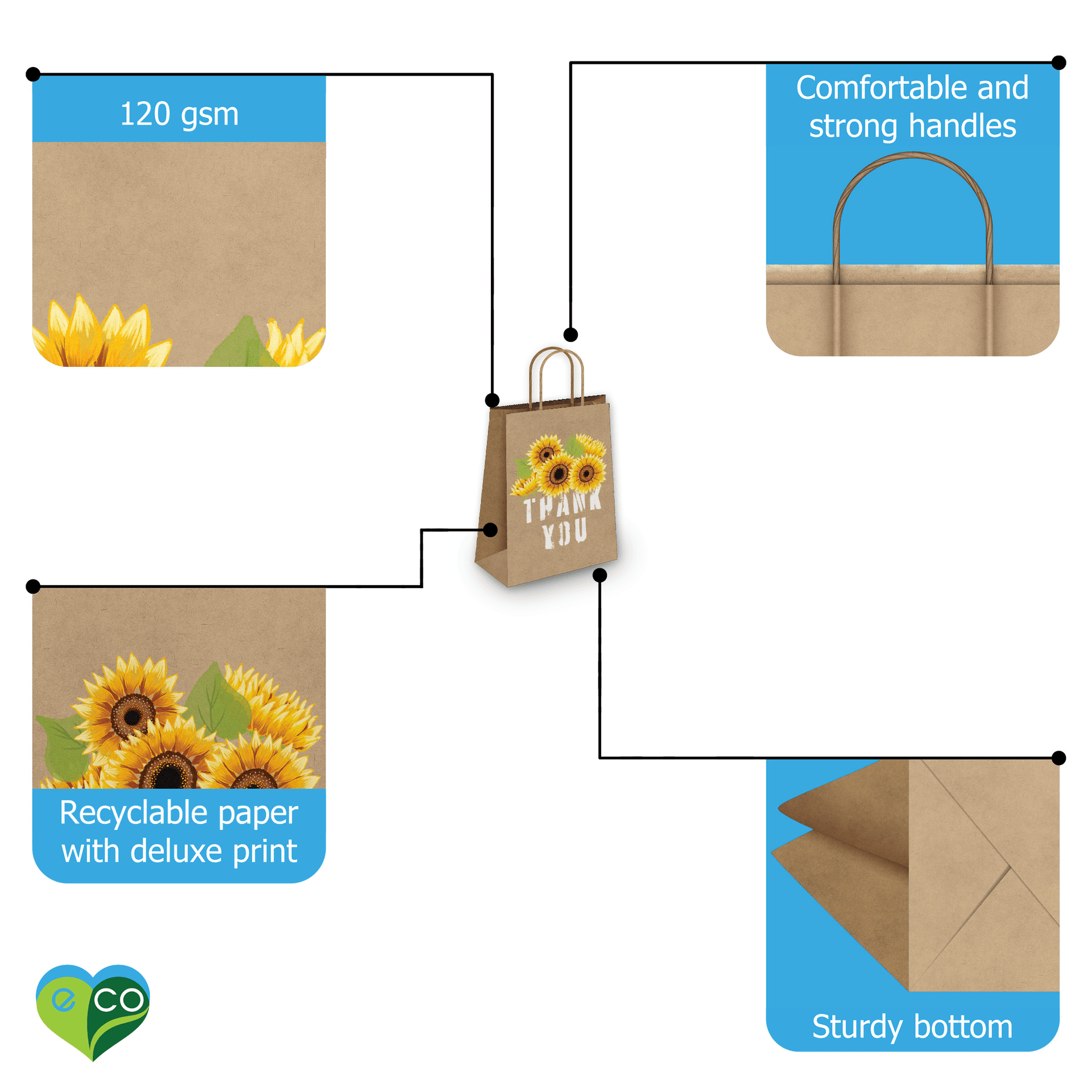 Sunflower Designer Kraft Paper Shopping Bags Mixed Size Set