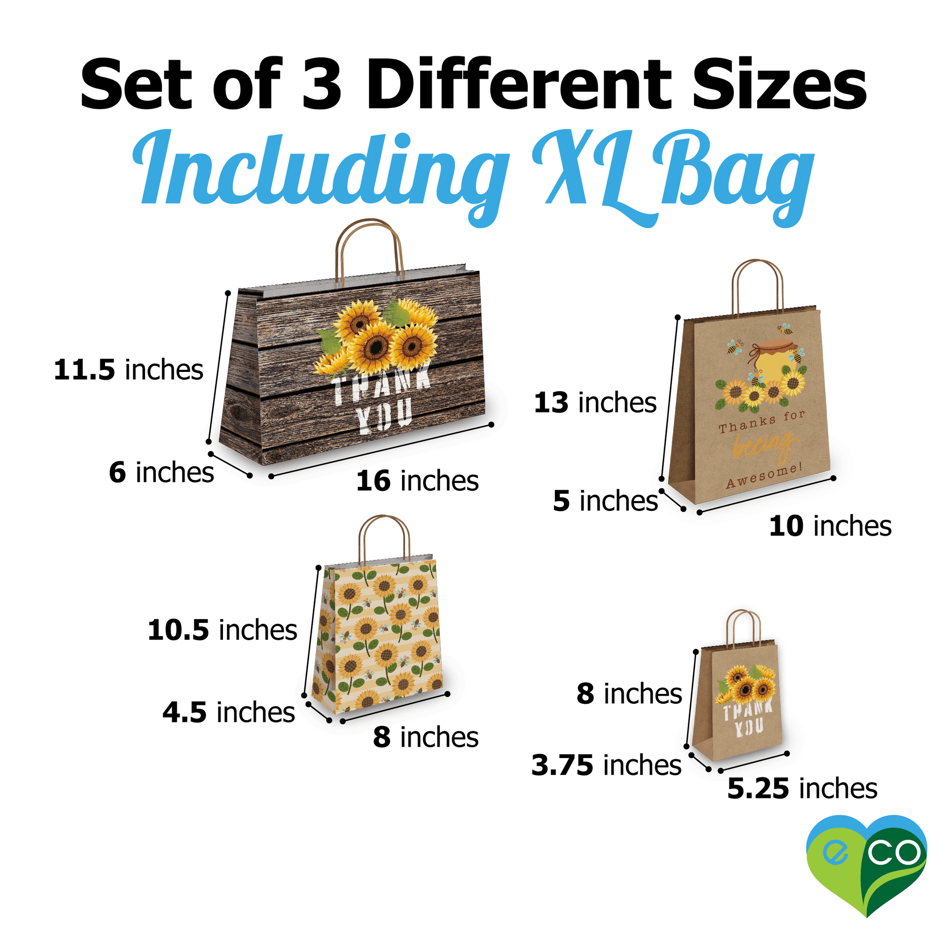 Sunflower Designer Kraft Paper Shopping Bags Mixed Size Set